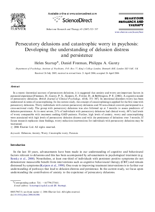 (PDF) Persecutory delusions and catastrophic worry in psychosis ...