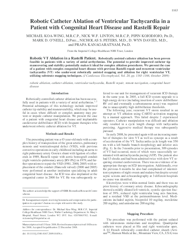 Pdf Robotic Catheter Ablation Of Ventricular Tachycardia In A Patient