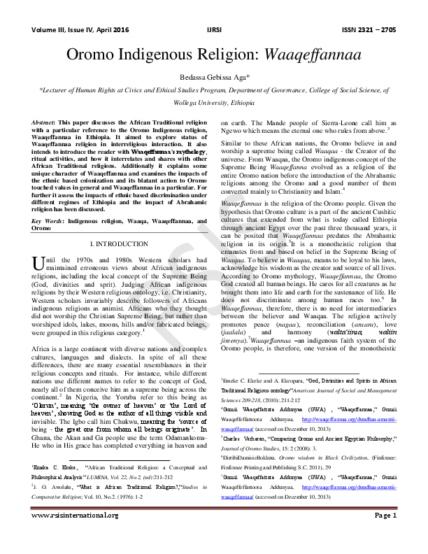 (PDF) Oromo Indigenous Religion: Waaqeffannaa