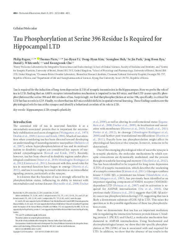 (PDF) Tau Phosphorylation at Serine 396 Residue Is Required for Hippocampal LTD