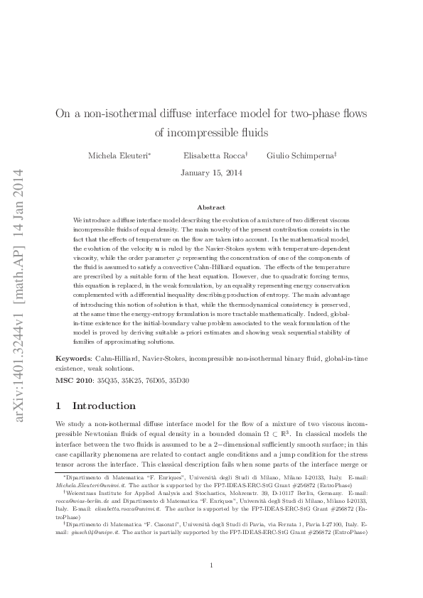 Pdf On A Non Isothermal Diffuse Interface Model For Two Phase Flows Of Incompressible Fluids