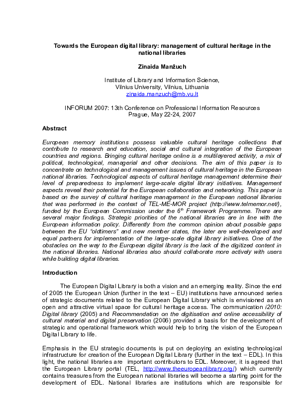 (PDF) Towards the European digital library: management of cultural ...