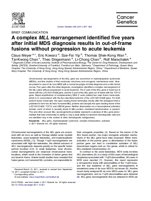 (PDF) A complex MLL rearrangement identified five years after initial ...