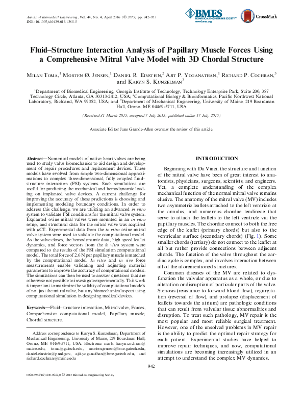 Pdf Fluid Structure Interaction Analysis Of Papillary Muscle Forces