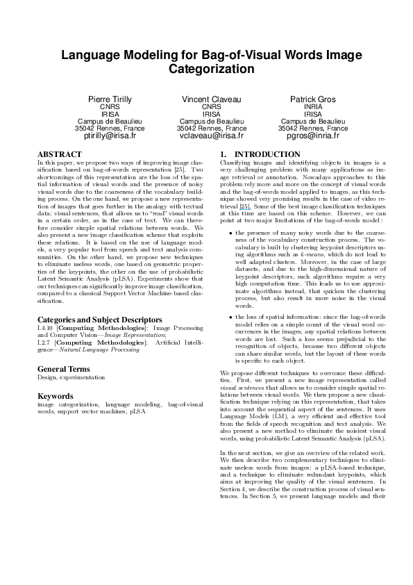 (PDF) Language modeling for bag-of-visual words image categorization