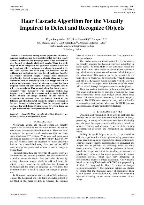 (PDF) Haar Cascade Algorithm for the Visually Impaired to Detect and Recognize Objects