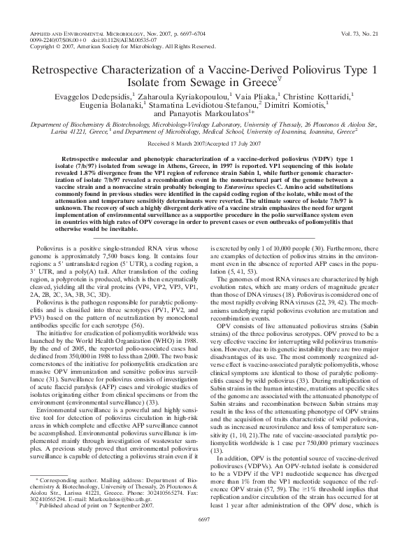 (PDF) Characterization of VDPV Type 1 from Greece