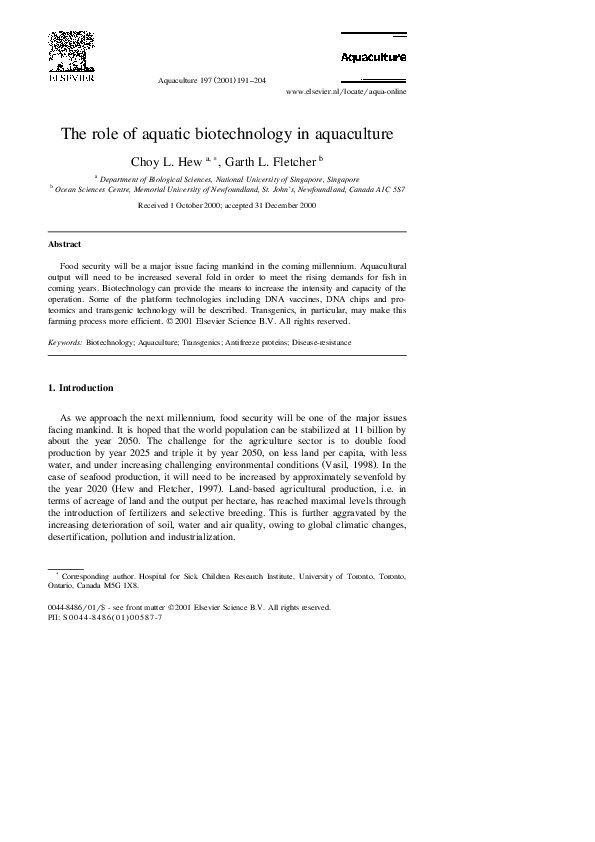 (PDF) The role of aquatic biotechnology in aquaculture