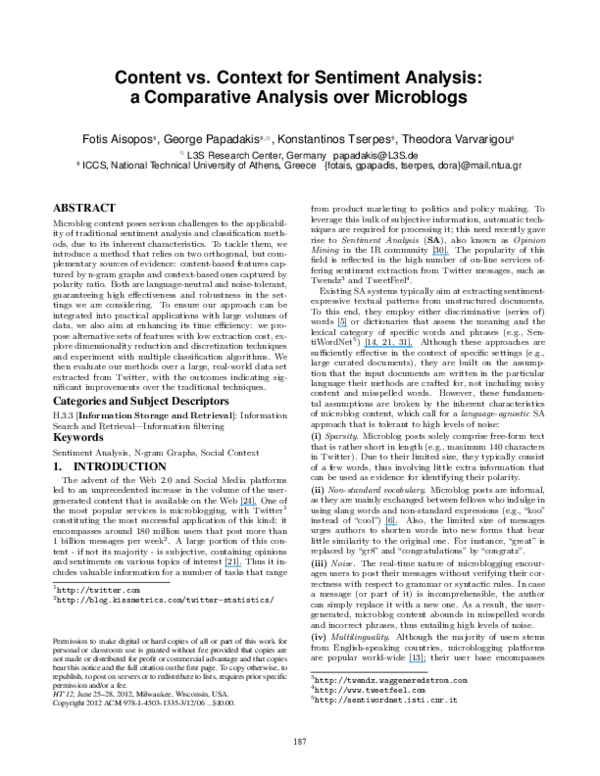 (PDF) Content vs. context for sentiment analysis: A comparative ...