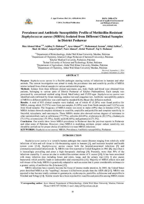 (PDF) Prevalence and Antibiotic Susceptibility Profile of Methicillin-Resistant Staphylococcus ...