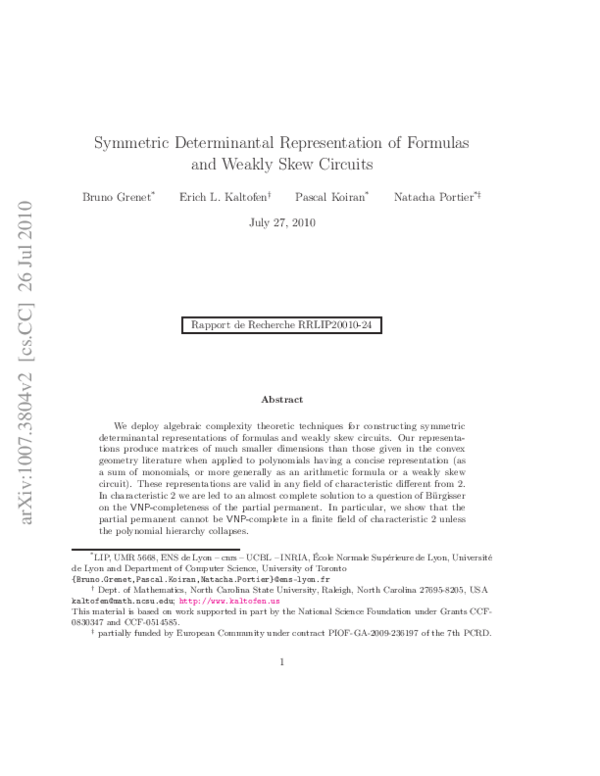Pdf Symmetric Determinantal Representation Of Formulas And Weakly Skew Circuits