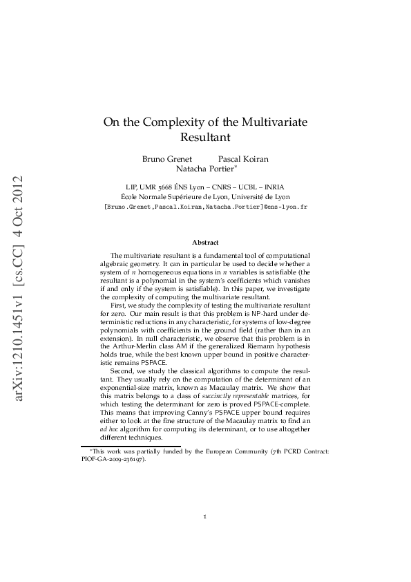 (PDF) On the complexity of the multivariate resultant