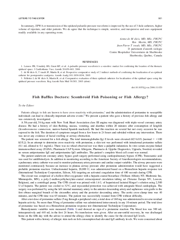(PDF) Fish Baffles Doctors: Scombroid Fish Poisoning or Fish Allergy?