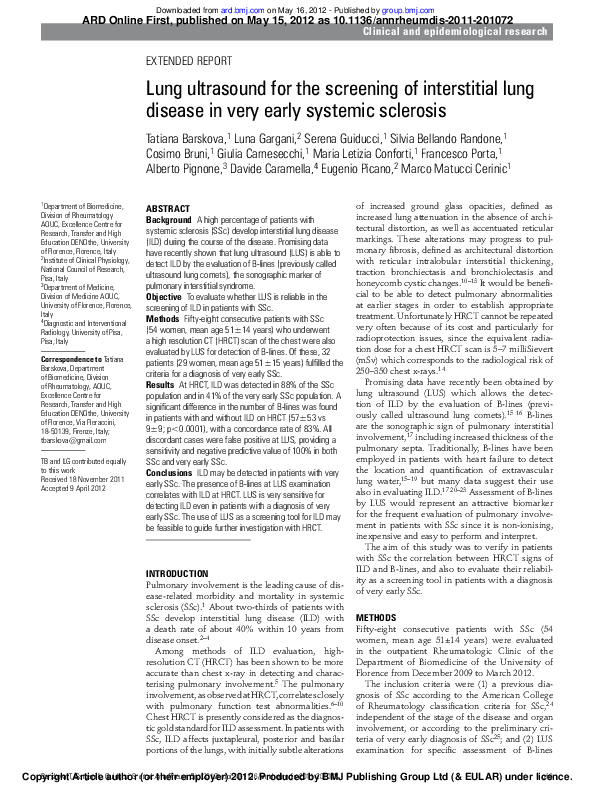 (PDF) Lung ultrasound for the screening of interstitial lung disease in very early systemic ...