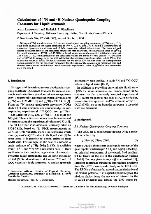 (PDF) Calculations of 14N and 2H Nuclear Quadrupolar Coupling Constants ...