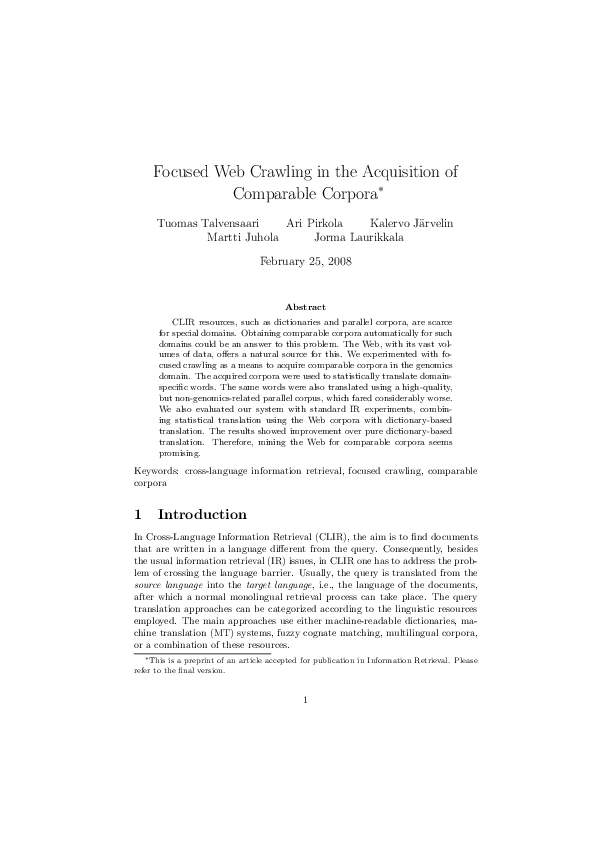 (PDF) Focused web crawling in the acquisition of comparable corpora