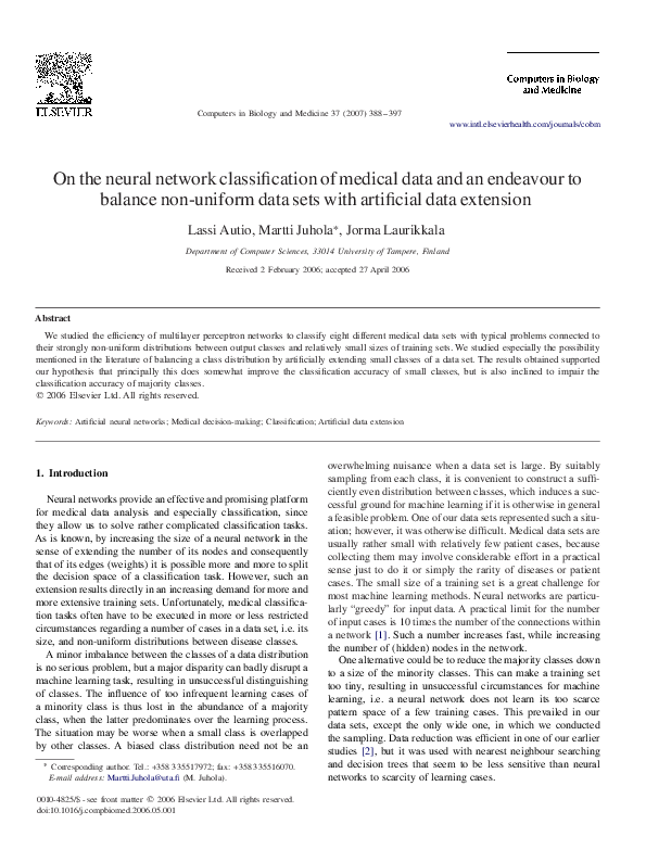 (PDF) On the neural network classification of medical data and an ... (PDF) On the neural network classification of medical data and an ...