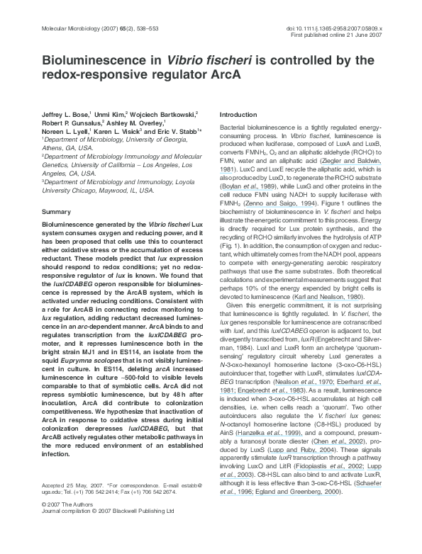 (PDF) Bioluminescence in Vibrio fischeri is controlled by the redox ...