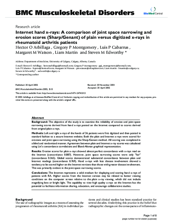 (PDF) Internet hand x-rays: A comparison of joint space narrowing and ...