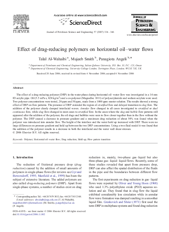(PDF) Effect of drag-reducing polymers on horizontal oil–water flows
