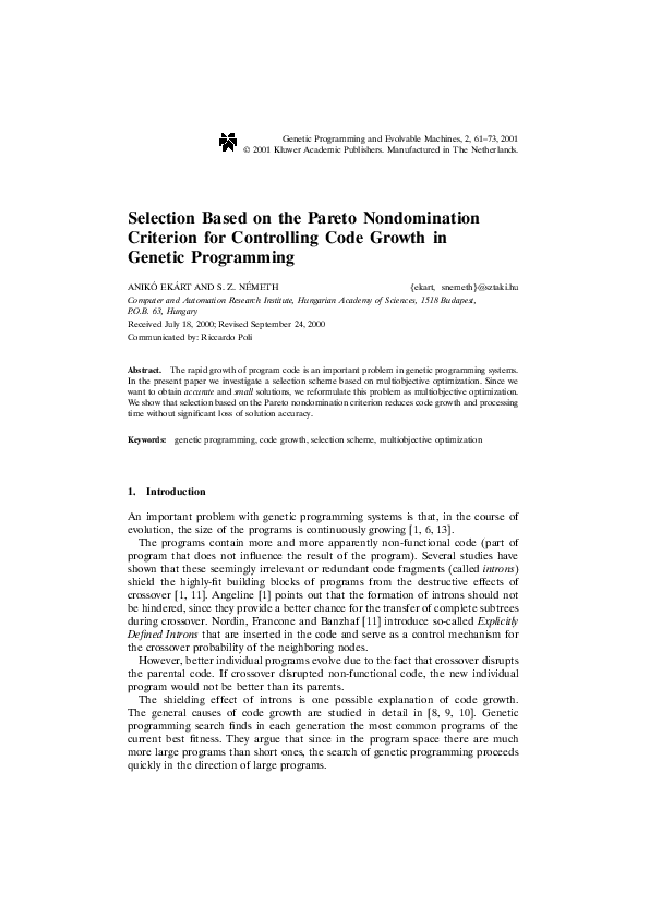 (PDF) Selection based on the pareto nondomination criterion for controlling code growth in ...