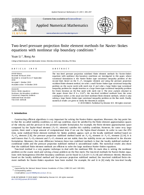 Pdf Two Level Pressure Projection Finite Element Methods For Navier