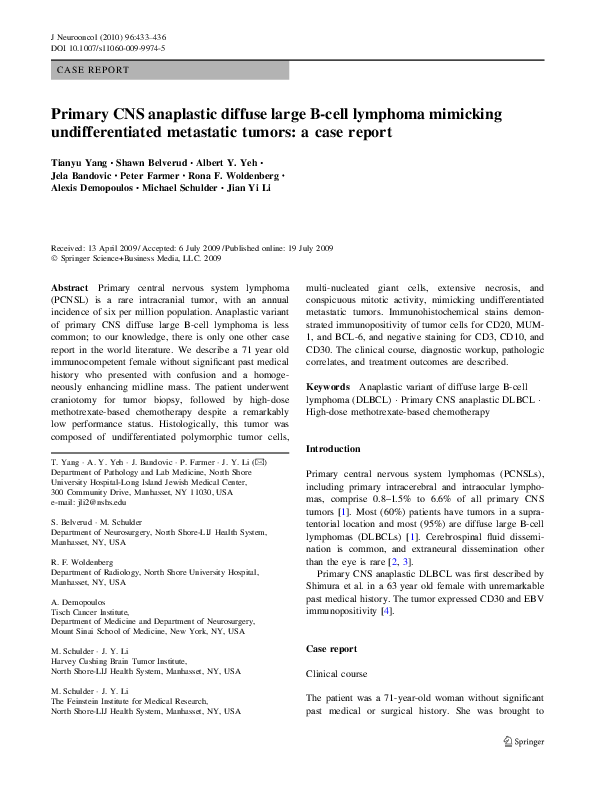(PDF) Primary CNS anaplastic diffuse large B-cell lymphoma mimicking undifferentiated metastatic ...