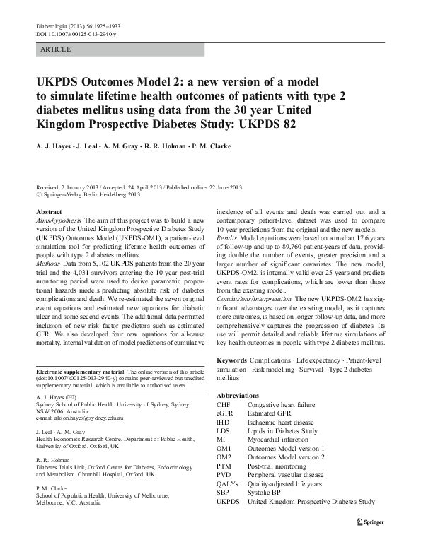 (PDF) UKPDS Outcomes Model 2: a new version of a model to simulate ...