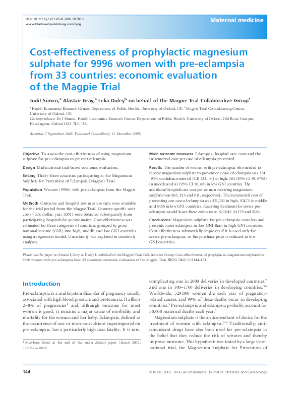 (PDF) Cost-effectiveness of prophylactic magnesium sulphate for 9996 ...