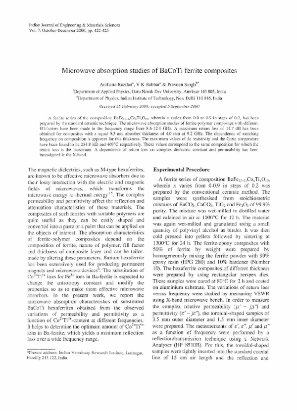 (PDF) Microwave absorption studies of BaCoTi ferrite composites