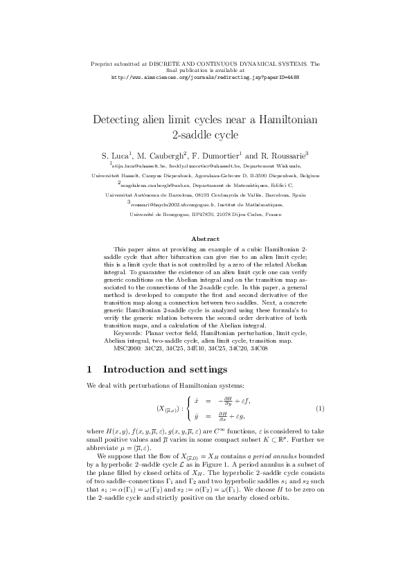 Pdf Detecting Alien Limit Cycles Near A Hamiltonian 2 Saddle Cycle