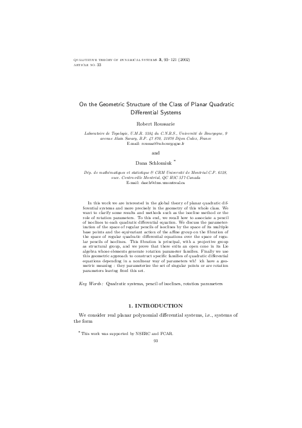 (PDF) On the geometric structure of the class of planar quadratic ...