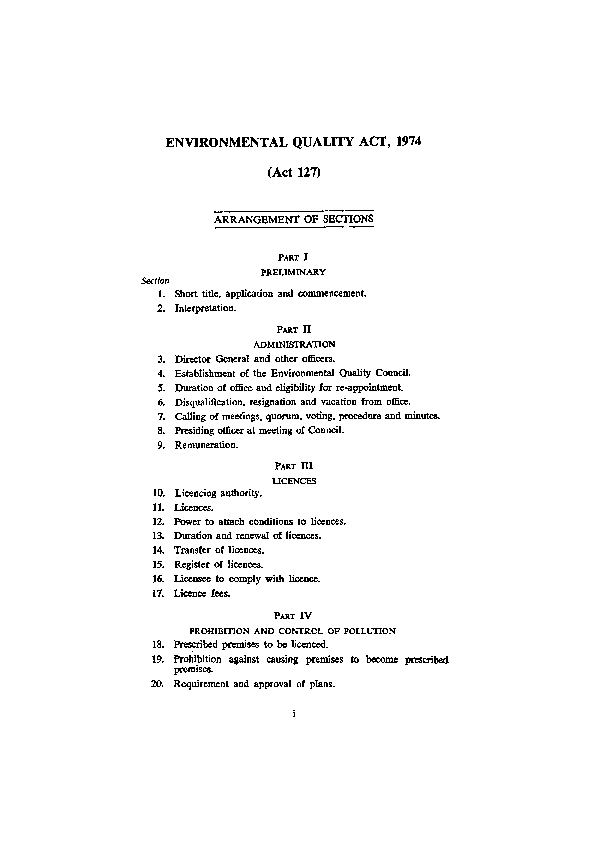 (PDF) ENVIRONMENTAL QUALITY ACT, 1974 (Act 127) ARRANGEMENT OF SECTIONS