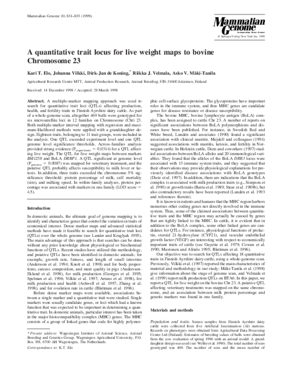 Pdf A Quantitative Trait Locus For Live Weight Maps To Bovine