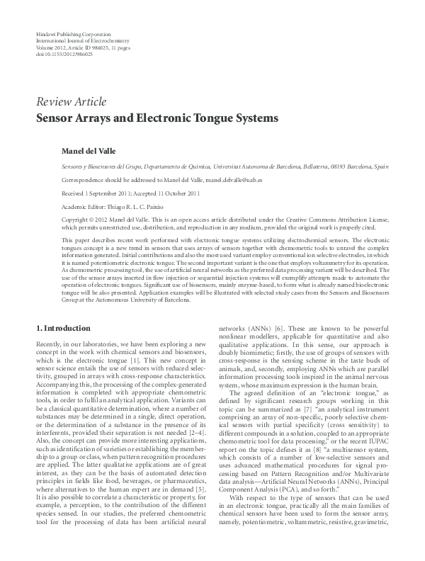 (PDF) Sensor Arrays and Electronic Tongue Systems