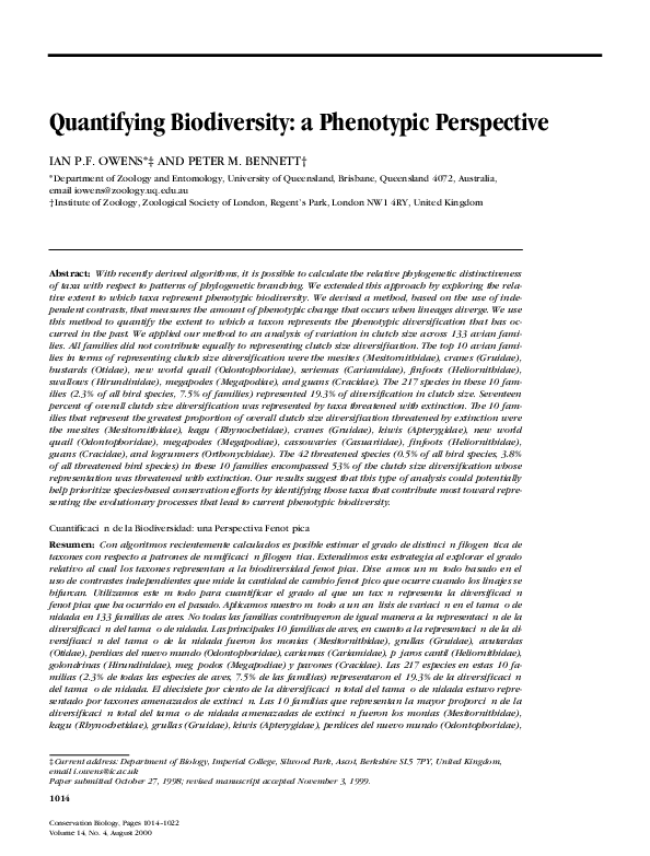 (PDF) Quantifying Biodiversity: a Phenotypic Perspective