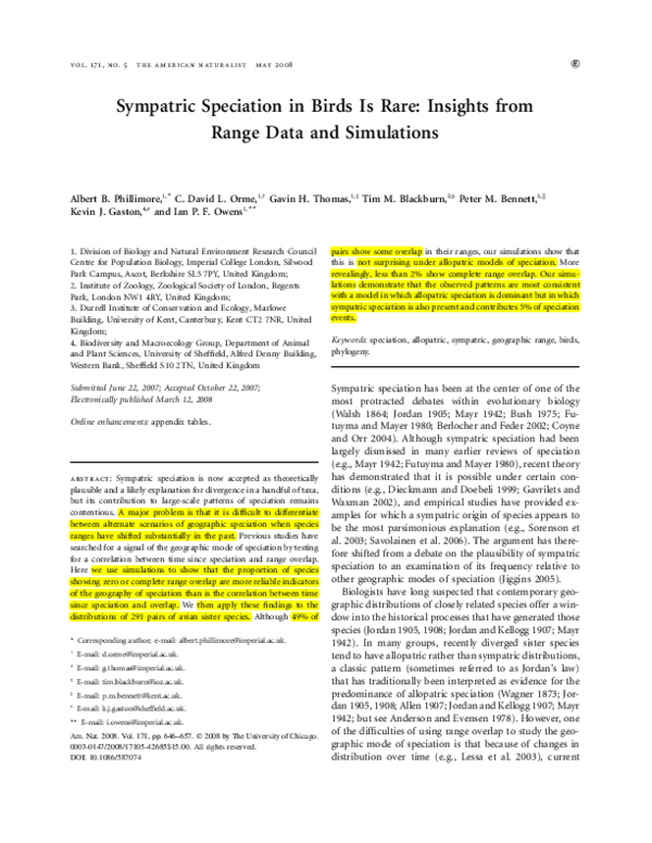 (PDF) Sympatric Speciation in Birds Is Rare: Insights from Range Data ...