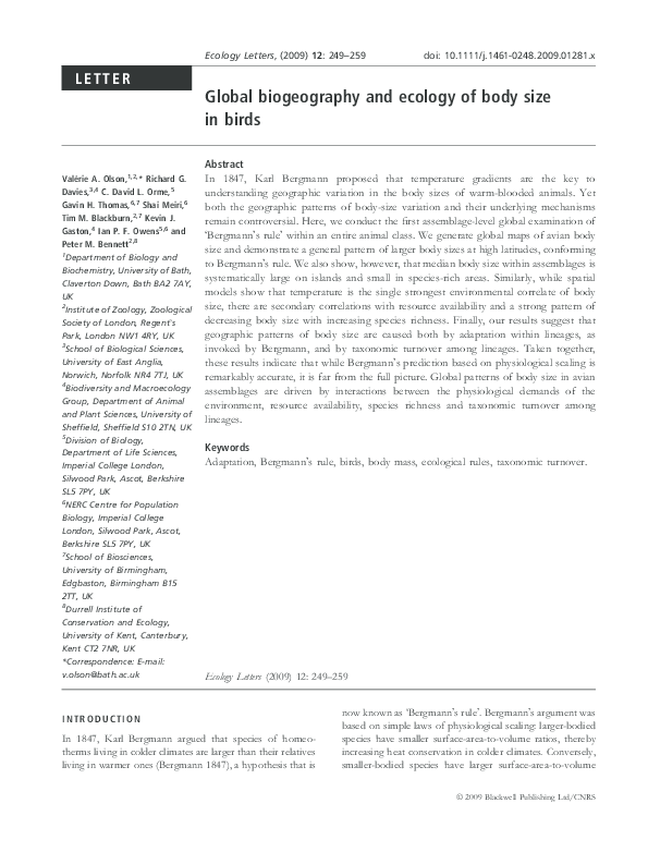 (PDF) Global biogeography and ecology of body size in birds
