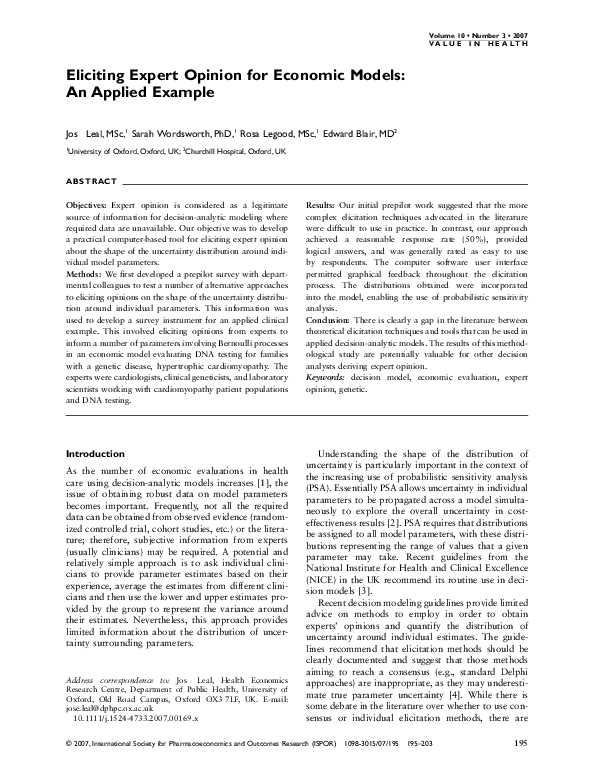 (PDF) Eliciting Expert Opinion for Economic Models: An Applied Example