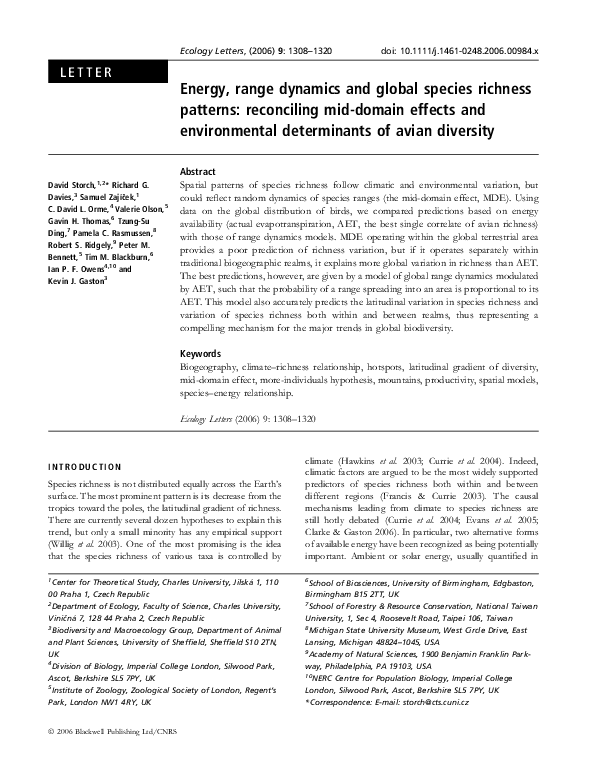 (PDF) Energy, range dynamics and global species richness patterns ...