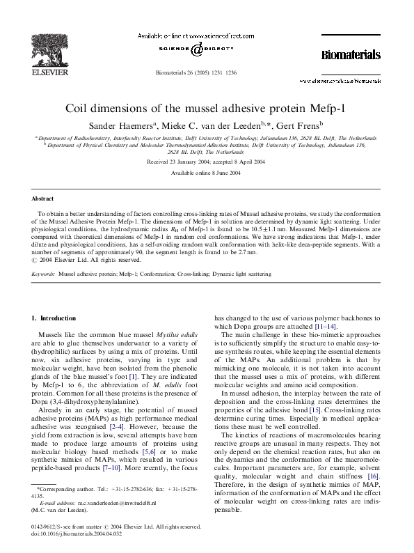 (PDF) Coil dimensions of the mussel adhesive protein Mefp-1