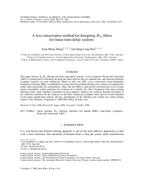 (PDF) A less conservative method for designing H ∞ filters for linear time-delay systems | Qing ...