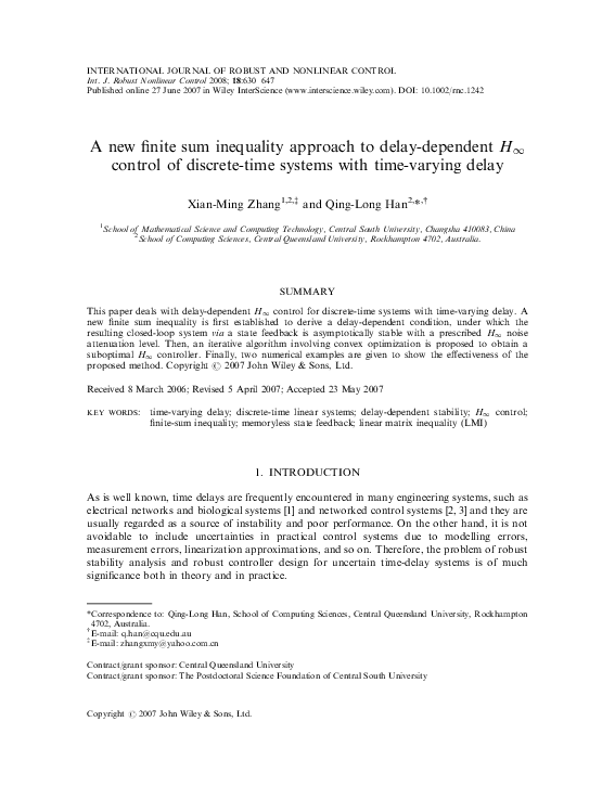 (PDF) A new finite sum inequality approach to delay-dependentH∞ control ...