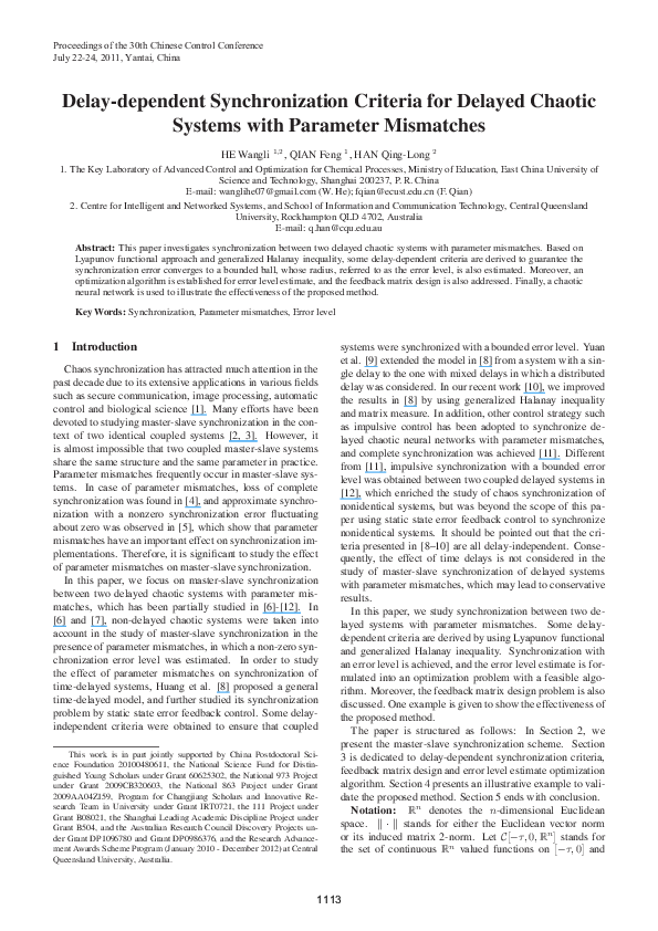 Pdf Delay Dependent Synchronization Criteria For Delayed Chaotic Systems With Parameter Mismatches
