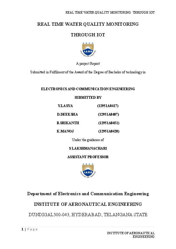 Doc Real Time Water Quality Monitoring Through Iot A Project Report