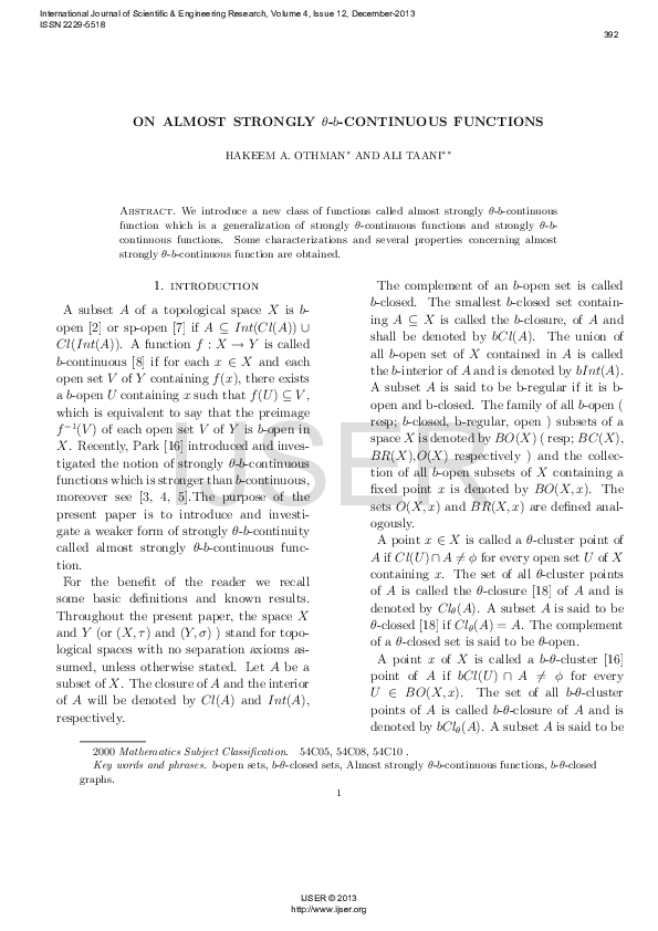 Pdf On Almost Strongly θ B Continuous Functions