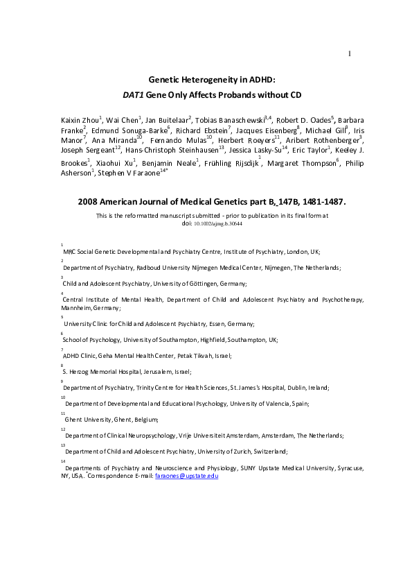 (PDF) Genetic heterogeneity in ADHD: DAT1 gene only affects probands ...