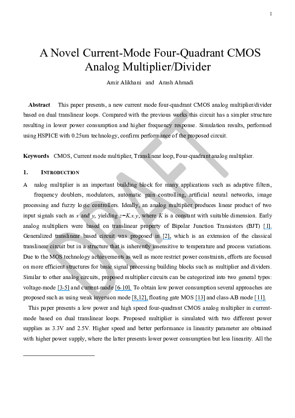 (PDF) A novel current-mode four-quadrant CMOS analog multiplier/divider