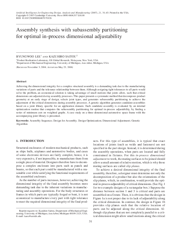 Pdf Assembly Synthesis With Subassembly Partitioning For Optimal In