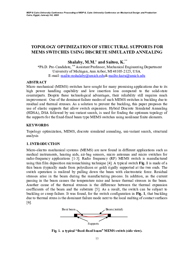 (PDF) Topology Optimization of Structural Supports for MEMS Switches Using Discrete Simulated ...